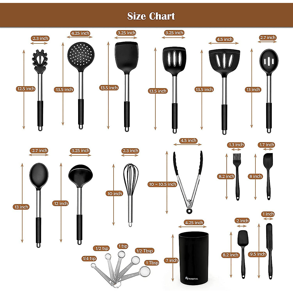 MUSENTIAL 20-Piece Kitchen Utensil Set with Holder, BPA-Free Silicone and Stainless Steel Handle, Non-Stick and Heat Resistant Cooking Spatula Utensil Set (Black/Silver)