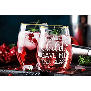 NICKANE 12oz Mom Wine Glass with Golden Rim, Gift Box as Christmas, Birthday Gifts for Mother, Step Mother - My Favorite Child Gave Me This Glass - Fun Mothers Day Gifts for Mom from Daughter, Son