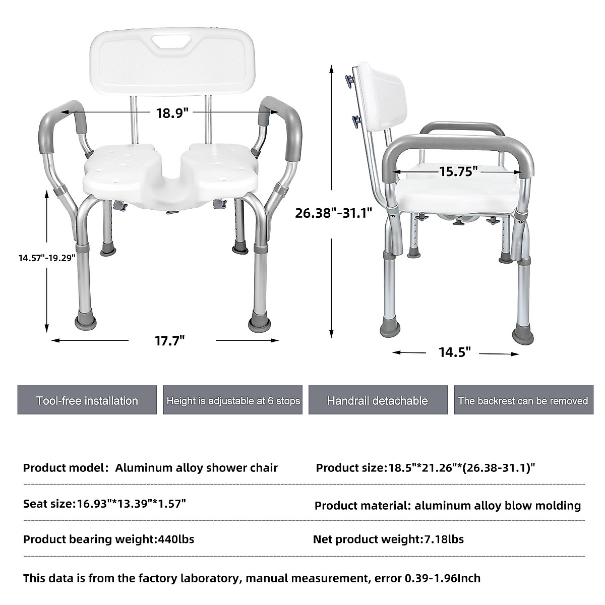 Retoreath Shower Chair with Back and Arms, Slip Resistant Bath Chair with Adjustable Height, U-Shape Groove Cutout for Private Cleaning, for Handicap, Disabled, Seniors & Elderly