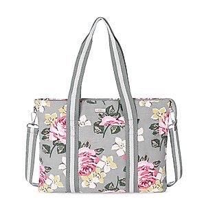 MOSISO Laptop Tote Bag for Women (17-17.3 inch), Canvas Rose Multifunctional Work Travel Shopping Duffel Carrying Shoulder Handbag Compatible with MacBook, Notebook and Chromebook, Grey