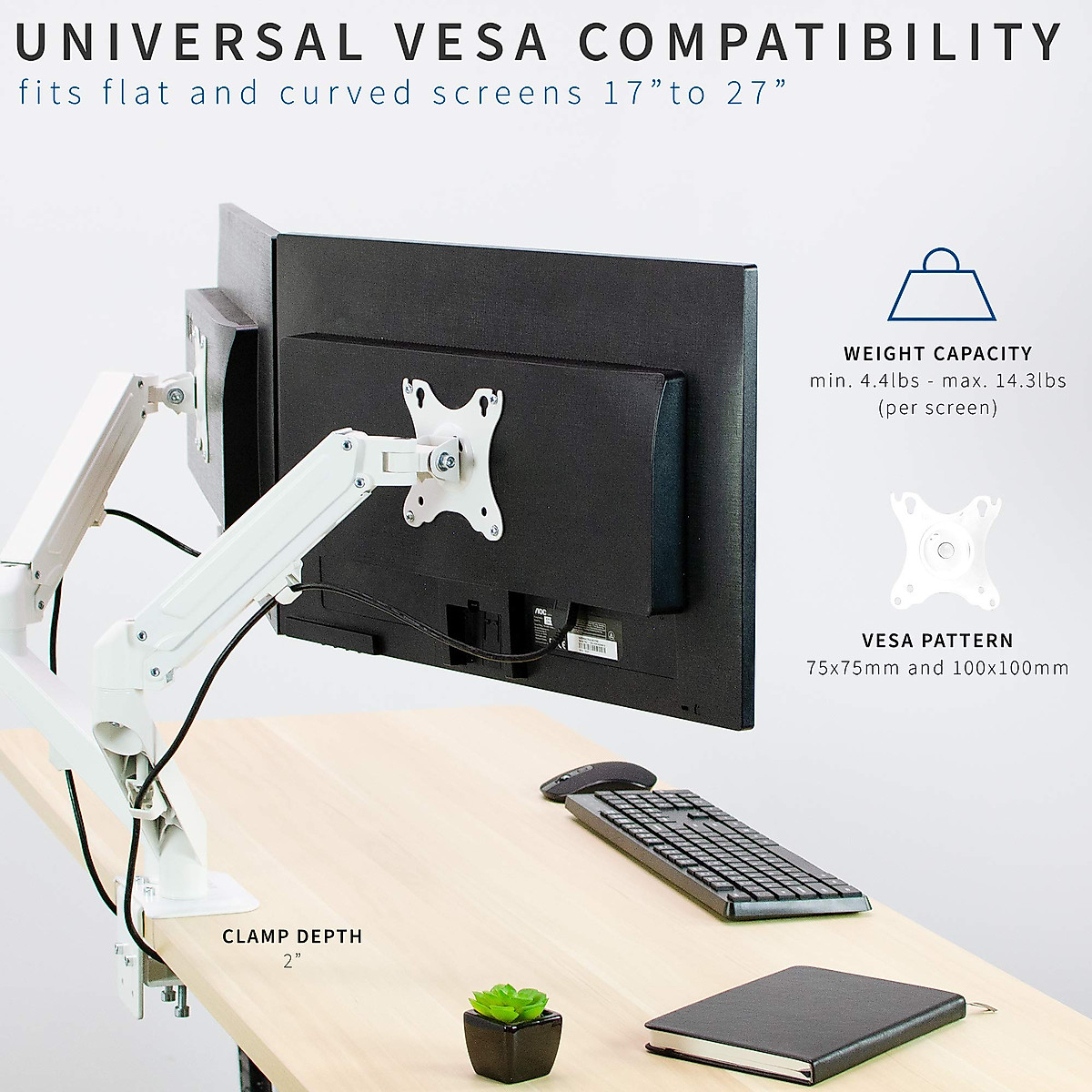 VIVO Articulating Dual 17 to 27 inch Pneumatic Spring Arm Clamp-on Desk Mount Stand, Fits 2 Monitor Screens with Max VESA 100x100, White, STAND-V102OW