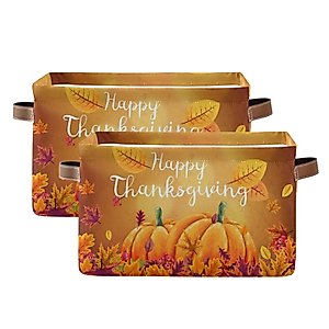 FZDXZJJ Thanksgiving Pumpkin Fall Maple Storage Basket Bins, Autumn Leaves Decorative Baskets Storage Box Collapsible Storage Cubes Organizer with Handles for Nursery Shelf Closet Office Home Bedroom, 2 Pack