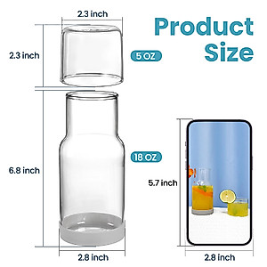 Wikapy Bedside Water Carafe and Glass Set, Night Bedside Carafe with Silicone Coaster, Water Carafe with Glass Cup for Nightstand Bedroom, Lead-free and Clear Mouthwash Dispenser for Bathroom, 18 OZ