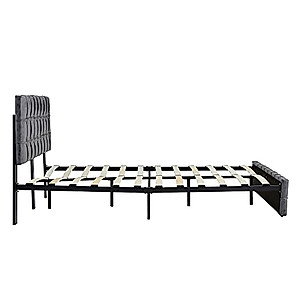 OPTOUGH Queen Size Upholstered Platform Bed Frame with Lights and Height Adjustable Headboard, Square Stitched Button Tech Cloth, No Box Spring Needed,Noise-Free,Grey