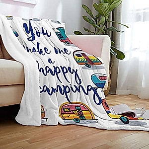 Plush Fleece Throw Blanket | Fuzzy, Soft, Warm, Cozy, Reversible Blanket for Bed Couch Sofa Chair Travel- 39" x 49" You Make Me Happy Camping Motivational Quote Caravans Retro Style Travel Graphic