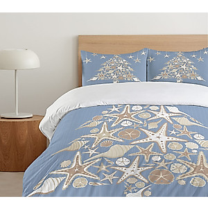 Ambesonne Christmas Duvet Cover Set, Nautical Elements Sea Life Theme with Noel Tree Winter Season, Decorative 3 Piece Bedding Set with 2 Pillow Shams, Queen Size, Beige Cream