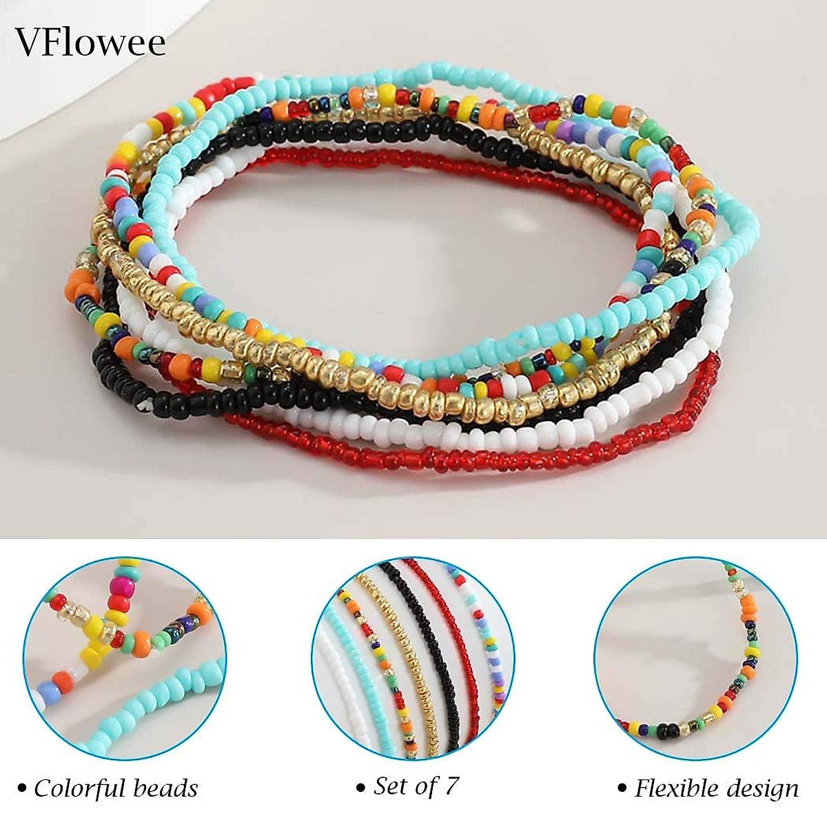 VFlowee Boho Handmade Beaded African Anklets Multicolor Women Stretch Seed Beads Rainbow Ankle Bracelets Glass Bead Bracelet Elastic Foot and Hand Chain Jewelry (7PCS)