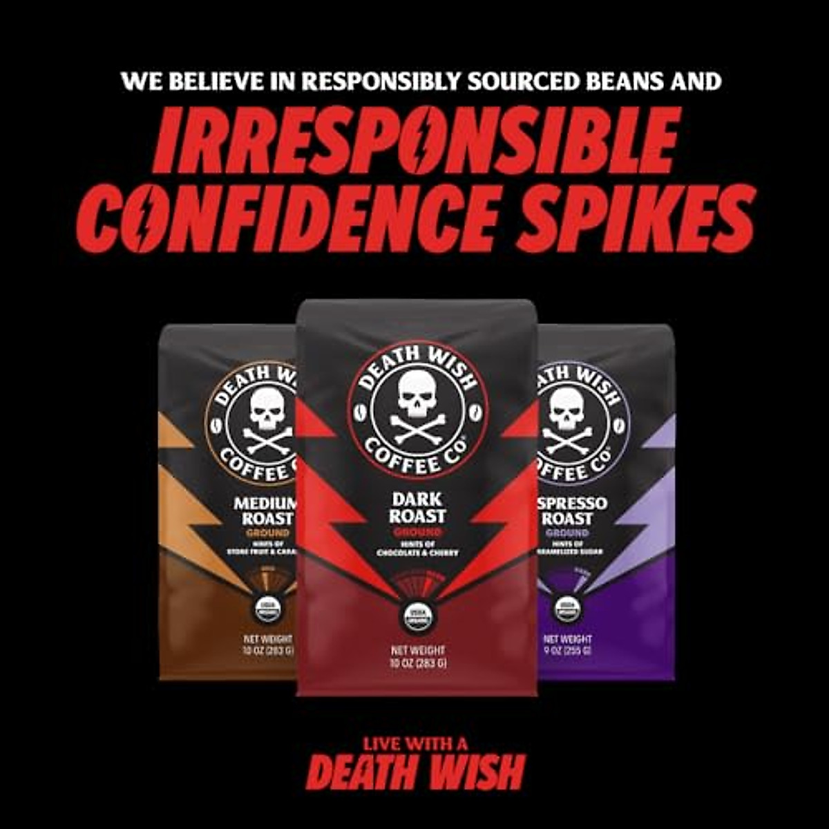 Death Wish Coffee Co., Organic and Fair Trade Dark Roast Whole Bean Coffee, 16 oz