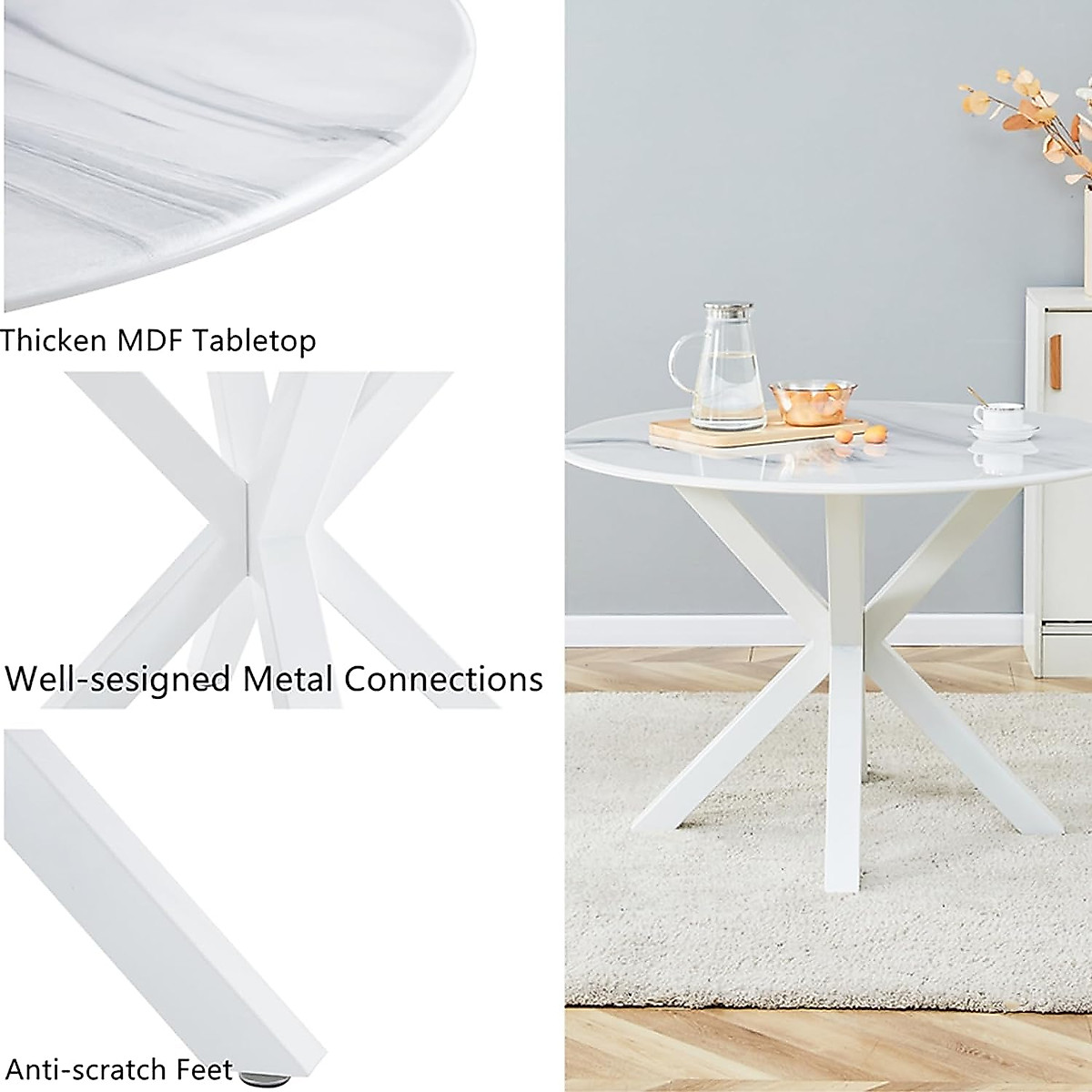42" Round Dining Table for 4, White Tulip Table,Mid-Century Modern Circle Table with Faux Printed Marble Top and Metal Cross Legs for Home and Kitchen Small Space