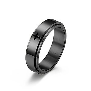 Minimalist Cross Christian Jesus Christ Lord Prayer Rotating Stress Relief Spinner Fidget Band Rings for Men Women for Anxiety Finger Rotate Freely Stainless Steel Fashion Cool Ring Birthday Bff Gifts (Black, 5)