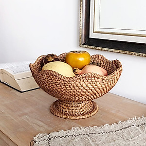 Zerodeko Rattan Fruit Bowl Bread Basket Woven Footed Bowl Round Pedestal Plate Dessert Display Platter Snack Serving Dish Tabletop Organizing Basket for Kitchen Counter