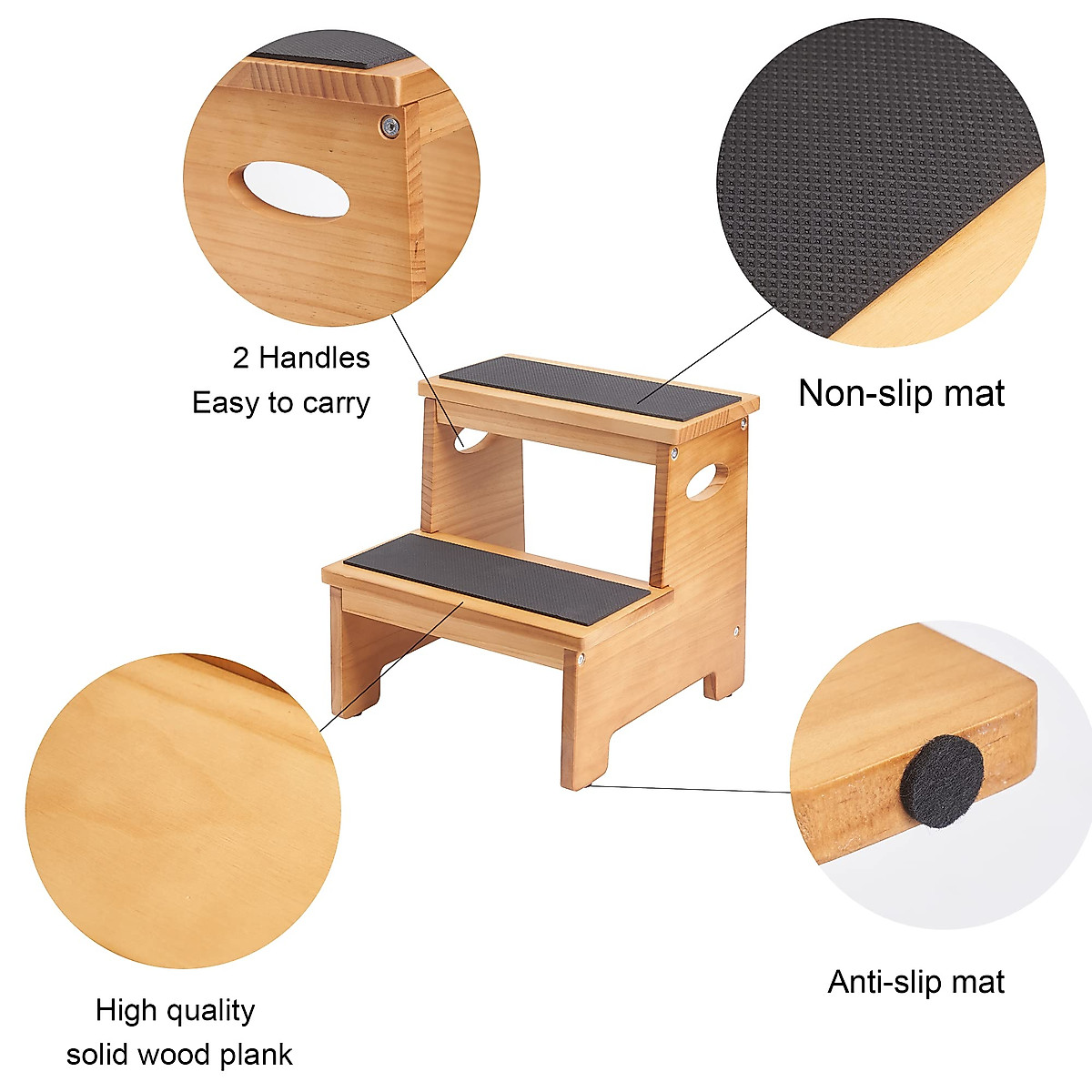 Wooden Step Stool Kids Toddler Foot Stools for Kids Potty Training Stool 2 Step Stool for Kitchen Sink Bathroom Two Step Stool with Handle Natural