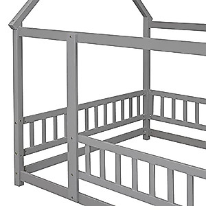 DEYOBED Full House Roof Floor Bed Frame - Wooden Bed with Fence Guardrails, Low Wooden Playhouse Bed for Girls and Boys, Gray Finish