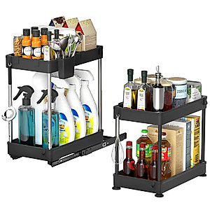 AOSITE 2 Pack Under Sink Storage and Organizers, Sliding Under Cabinet Organizer with Dividers Pull Out Kitchen Cabinet Basket Organizer Adjustable Bathroom Sink Storage Organizer with Hooks