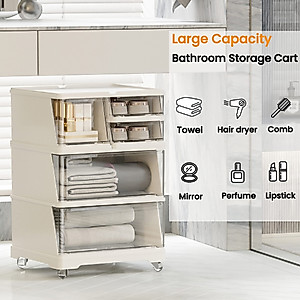 vacane Wide 4 Drawer Plastic Storage Cart with Removable Caster Wheels Cosmetic Drawers Organizer, Rolling Storage Cart for Bathroom, Office, Bedroom