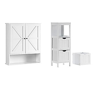 Reettic Narrow Bathroom Floor Cabinet with 3 Removable Drawers & Two Door Wall Cabinet, Wooden Medicine Cabinet, Wall Mounted Bathroom Storage Cabinet with Inner Adjustable Shelf