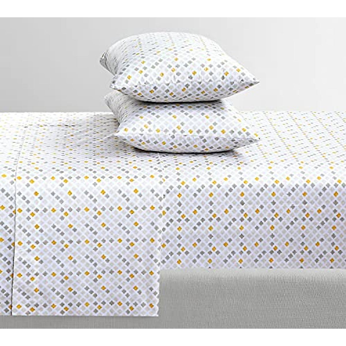 Feather & Stitch Softest 100% Cotton Sheets, Queen Size Sheet Sets, 4 PC Set, 300 Thread Count Percale Weave Bedding, 16" Deep Pocket, Cooling Sheets, Breathable Bed Set (Yellow Diamond)