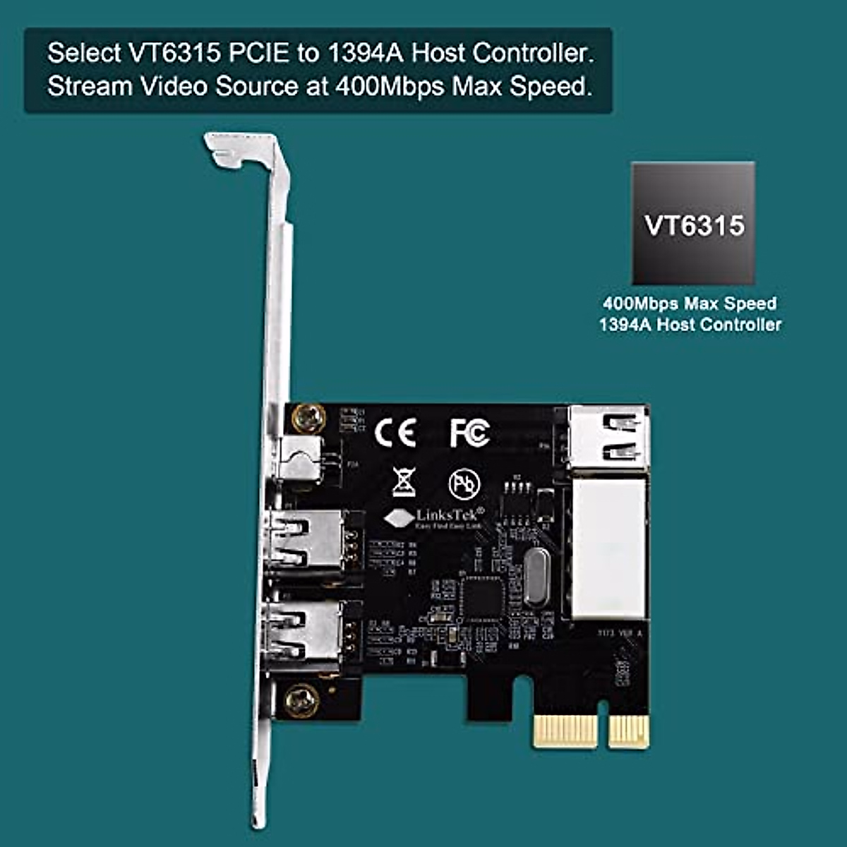 LinksTek 4-Ports 1394A PCIE FireWire 400 Expansion Card for Windows Desktop PCs, 3X 6Pin and 1X 4Pin 1394A 400Mbps Ports, with 4Pin-6Pin 1394A Cables and Low Profile Bracket (PCIE-1394A)