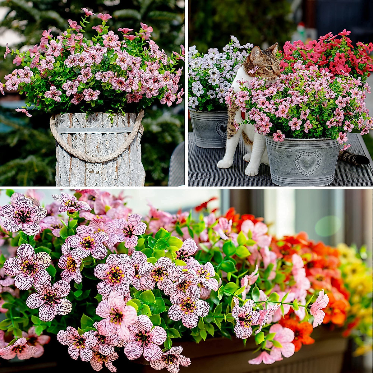 AXYLEX Artificial Flowers for Outdoors Fake Plants - 16 Bundles Faux Outside Greenery Boxwood No Fade Plastic Shrubs Fall Decor Farmhouse Home Garden Thanksgiving Mums (Pink)