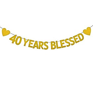 XIAOLUOLY Gold 40 YEARS BLESSED Glitter Banner,Pre-Strung,40th Birthday / Wedding Anniversary Party Decorations Bunting Sign Backdrops,40 YEARS BLESSED
