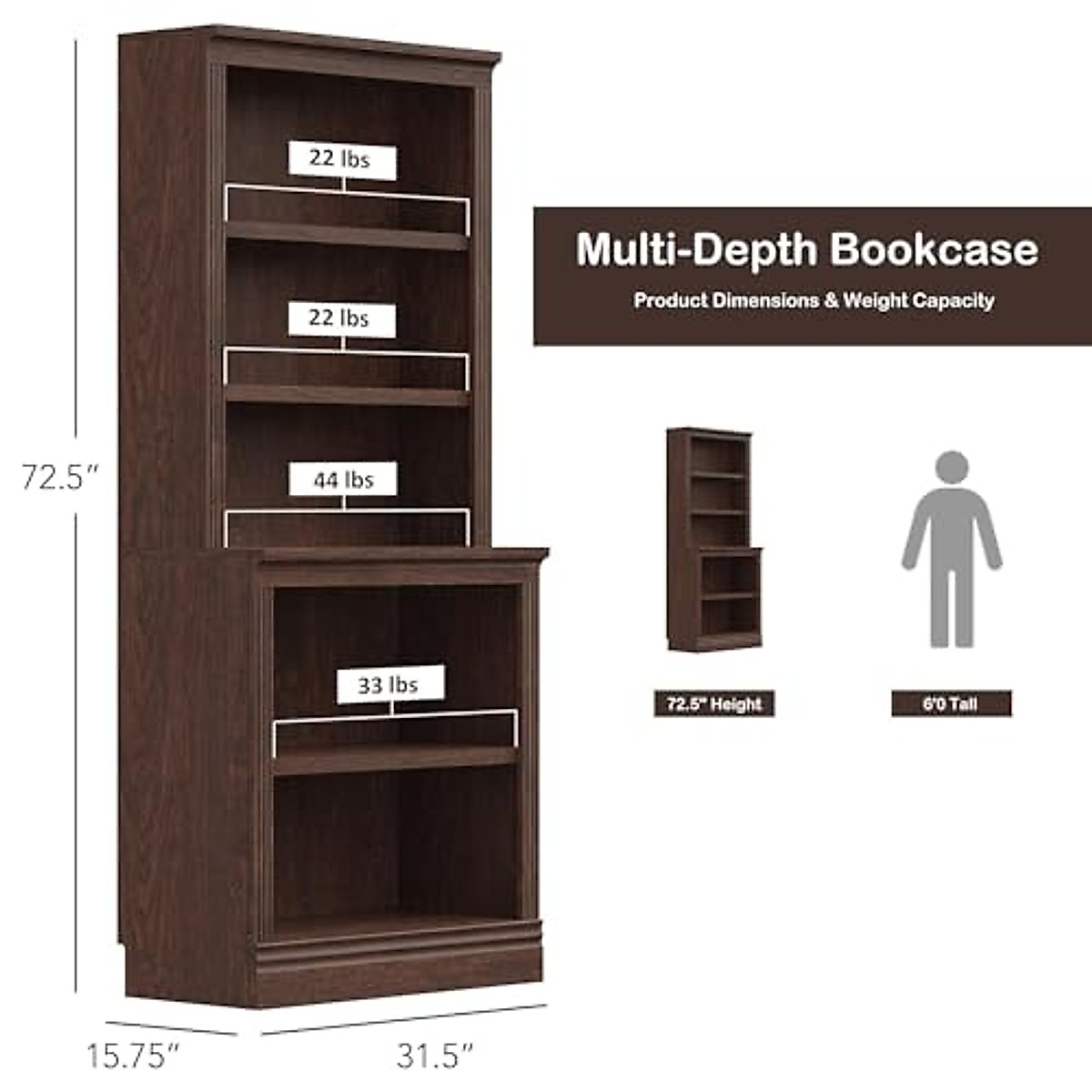 JAHRSTIM Multi-Depth Bookshelves and Bookcase Floor Standing 5 Tier Display Shelves Organizer and Storage, 72in Tall Bookshelf for Home Office, Living Room, Bed Room, Kitchen, Dark Cherry