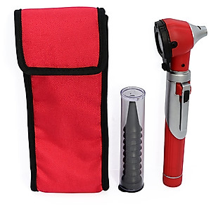 OdontoMed2011 Otoscope - Portable Ear Light and Exam Kit for Home and Professional Use - 3X Magnifying Fiber Optic Scope with Spare Tips, Bulb, and Carrying Case - Pocket Diagnostic Equipment (Red)