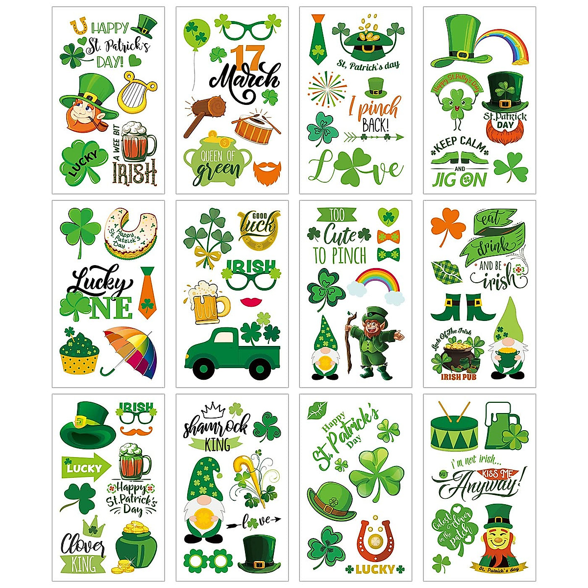 80Pcs St Patricks Day Tattoos Decorations Accessories, 12 Sheets Shamrock Temporary Tattoo Stickers for Kids Women, Irish St. Patrick's Day Parade and Favors Party Decorations