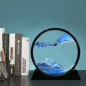 Feilicraft Moving Sand Art Picture Round Glass Frame Sandscapes 3D Deep Sea Display in Motion Dynamic Flowing Grit Photo Hourglass Desktop Art Home Office Decoration Party Gift (12‘’, Blue)