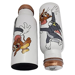 Copper Bottle Tom Printed Jerry Water Bottle For Drinking Water Multicolor Copper Water Bottle Leak Proof Copper Water Vessel Premium Bottle (Set Of 2) By ORNATE INTERNATIONAL