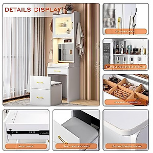 JDPAG Vanity Desk with Mirror and Lights, Makeup Vanity Table with Jewelry Cabinet and Cushioned Stool, Dressing Table Writing Desk with 3 Color Lighting Modes, Vanity Set for Bedroom, White