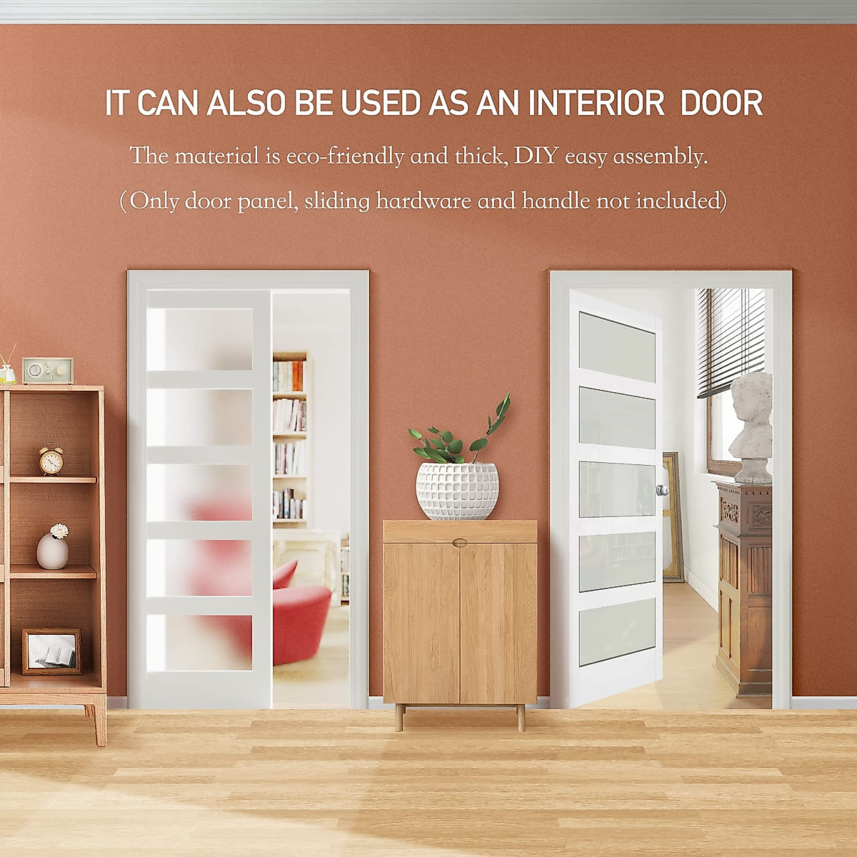 SOLRIG Sliding Pocket Door 30" x 80" - 5 Lites Tempered Frosted Glass Panels, Interior & Closet Single Door Slab, White Primed - Panel Assembly (Needed Without Hardware Kit