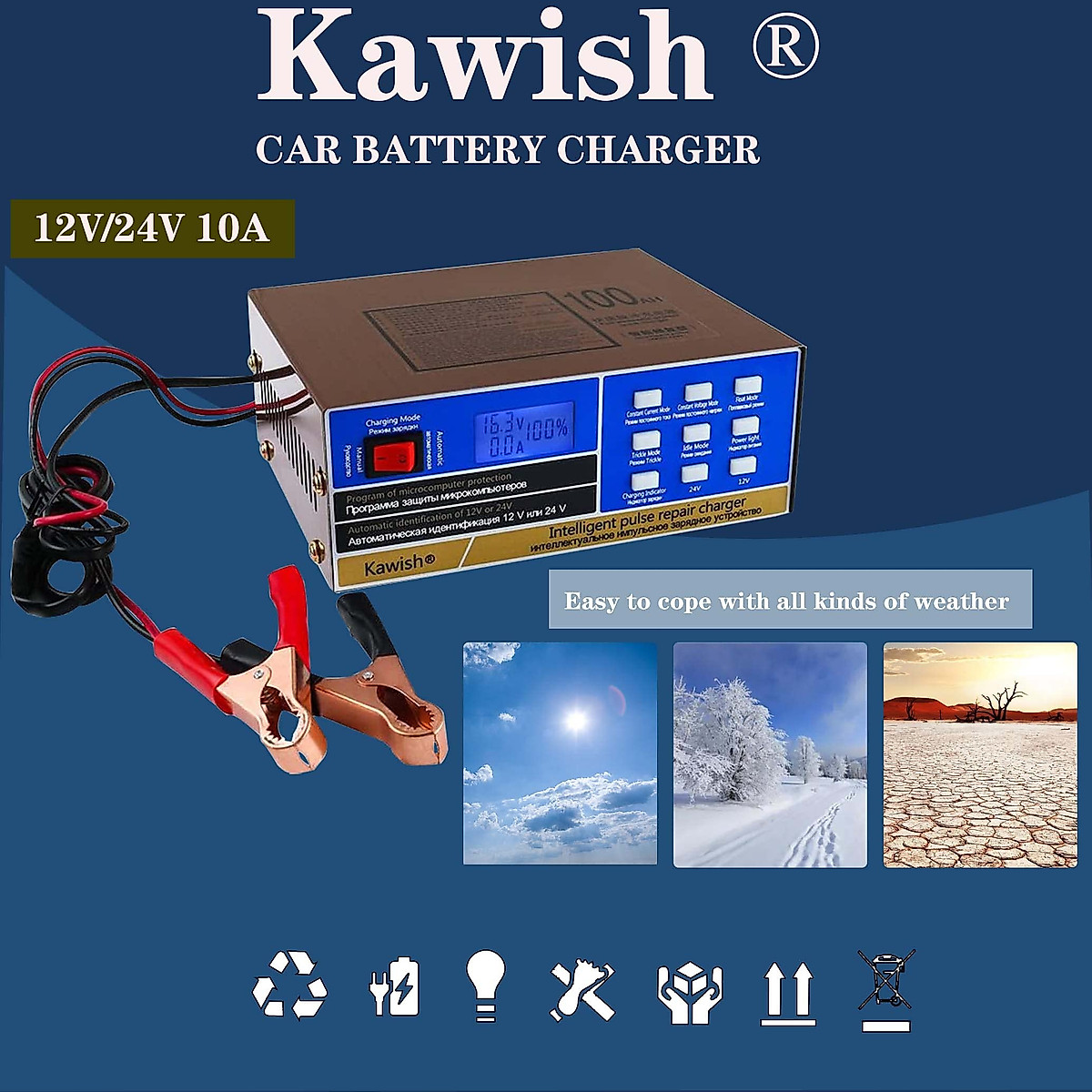 Kawish Full Automatic Car Battery Charger 12V/10A | 24V/7.5A Intelligent Pulse Repair Battery Charger Truck Motorcycle Charger with Terminal Clean Brush for Automotive,Boat,Motorcycle