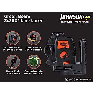 Johnson Level & Tool 40-6674 Self-Leveling 3 x 360° Laser with GreenBrite Technology, Green, 1 Laser