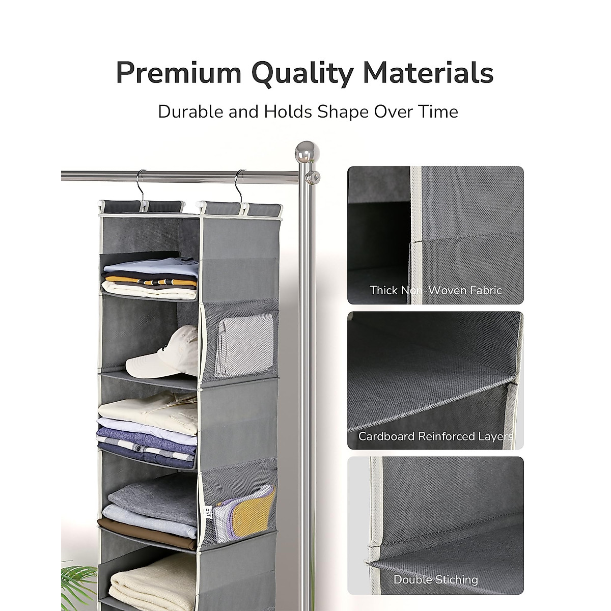 ULG 1 PC Hanging Closet Organizer, 3-in-1 to 6-in-1 Reversible Closet Hanging Shelves with 6 Side Pockets for Wardrobe Clothes Sweater Storage, Foldable, Dark Gray