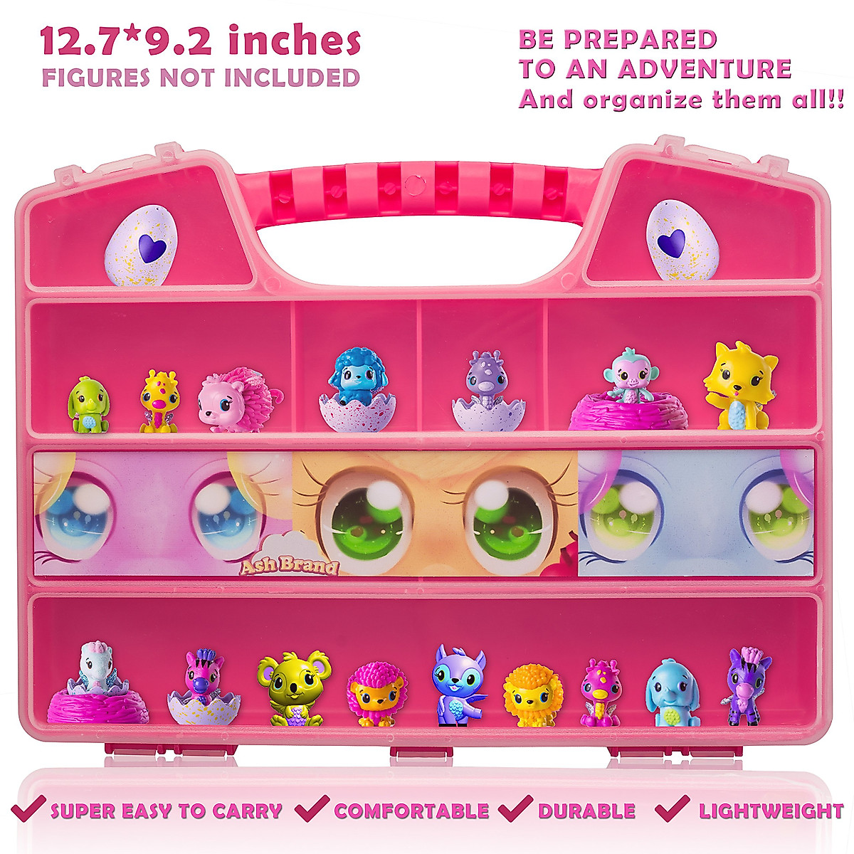 ASH BRAND DURABLE FIGURES CASE ORGANIZER BOX | Fits Up to 50 Mini Colleggtibles Eggs Toys Figurines, Miniature Characters Or Tiny figure| Large Compartments | Pink Carrying Case Box with Handle