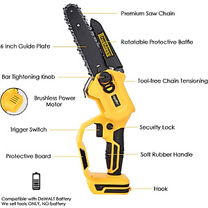 Mellif Cordless Power Chainsaw for Dewalt 20V Max Battery (Battery NOT Included) 6-Inch Hand-held Mini Pruning Saw with Brushless Motor & Replacement Chain for Wood Cutting | Tree Trimming | Camping