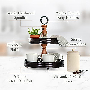 BlackRidge Home 2 Tier Tray Stand - Acacia Wood and Black Metal Two Tiered Tray Decor, Serving Tray, Farmhouse Tiered Tray for Kitchen Coffee Bar Decor, Rustic Two Tiered Galvanized Trays for Cupcake
