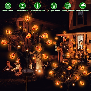 2 Packs 40LED Solar Halloween Pumpkin Stake Lights, 2 Modes Orange Pumpkin Halloween Lights, Waterproof Halloween Pumpkin Decorations for Halloween, Thanksgiving Fall Garden Yard Pathway Walkway