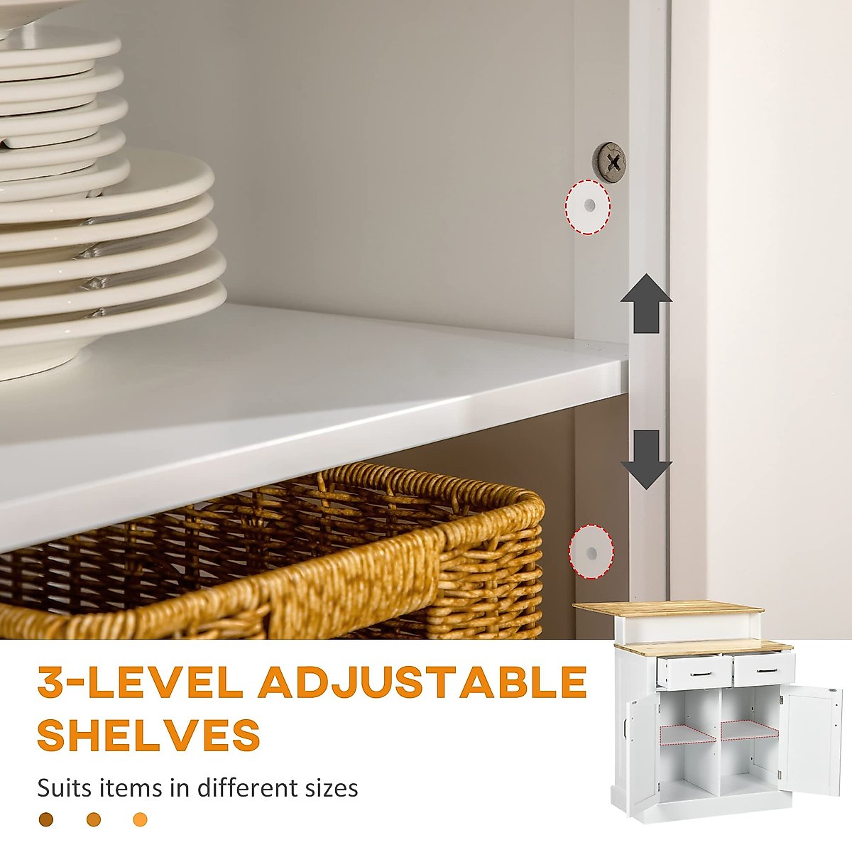 HOMCOM Kitchen Island with Storage Cabinet and 2-Level Rubber Wood Tabletop, Island Table with Adjustable Shelves and Drawers, White