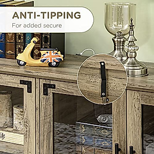 HOMCOM Farmhouse Sideboard, Buffet Cabinet, Coffee Bar Cabinet with 4 Glass Doors, Credenza, Distressed Grey