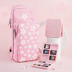 RHOTALL Pink Travel Bag for Nintendo Switch/Lite/OLED,Large Capacity Portable Carrying Case Compatible for Chest Shoulder Accessories Storage Backpack with12 Slots Game Case,Thumb Grip Caps-Sakura