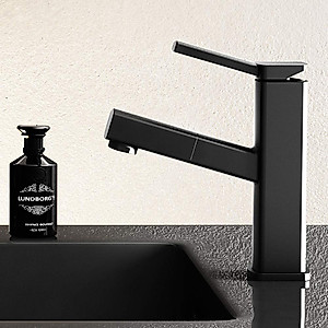 KAIYING Bathroom Sink Faucet with Pull Out Sprayer, Single Handle Basin Mixer Tap for Hot and Cold Water, Lavatory Pull Down Vessel Sink Faucet with Rotating Spout(Regular, Black)