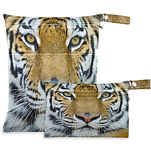 visesunny Tiger 2Pcs Wet Bag with Zippered Pockets Washable Reusable Roomy for Travel,Beach,Pool,Daycare,Stroller,Diapers,Dirty Gym Clothes, Wet Swimsuits, Toiletries