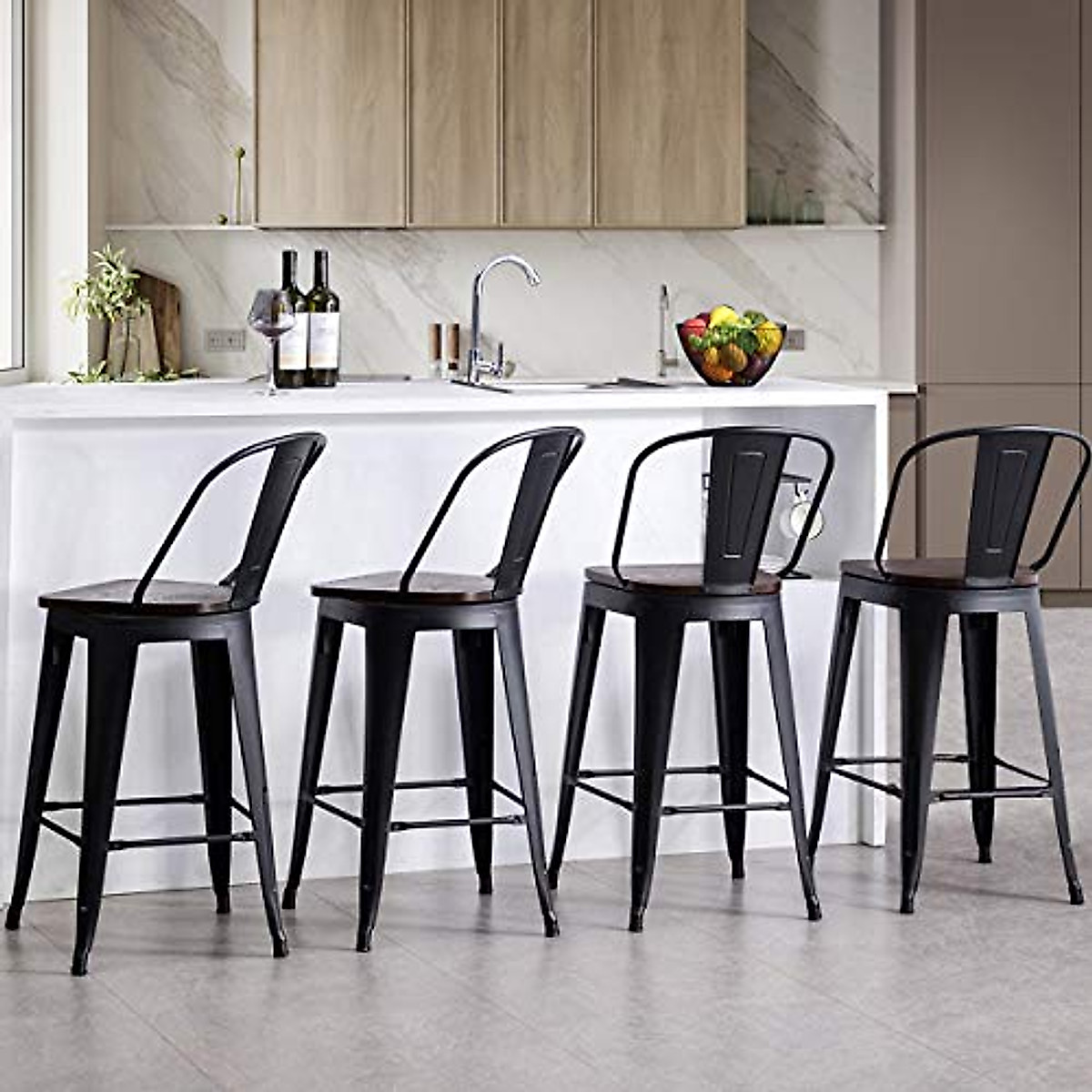 Alunaune 24" Swivel Metal Bar Stools Set of 4 High Back Counter Height Barstools Industrial Dining Bar Chairs with Large Wooden Seat-Matte Black