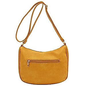 FashionPuzzle Faux Leather Two Front Zipper Pocket Crossbody Saddle Bag (Mustard) One Size