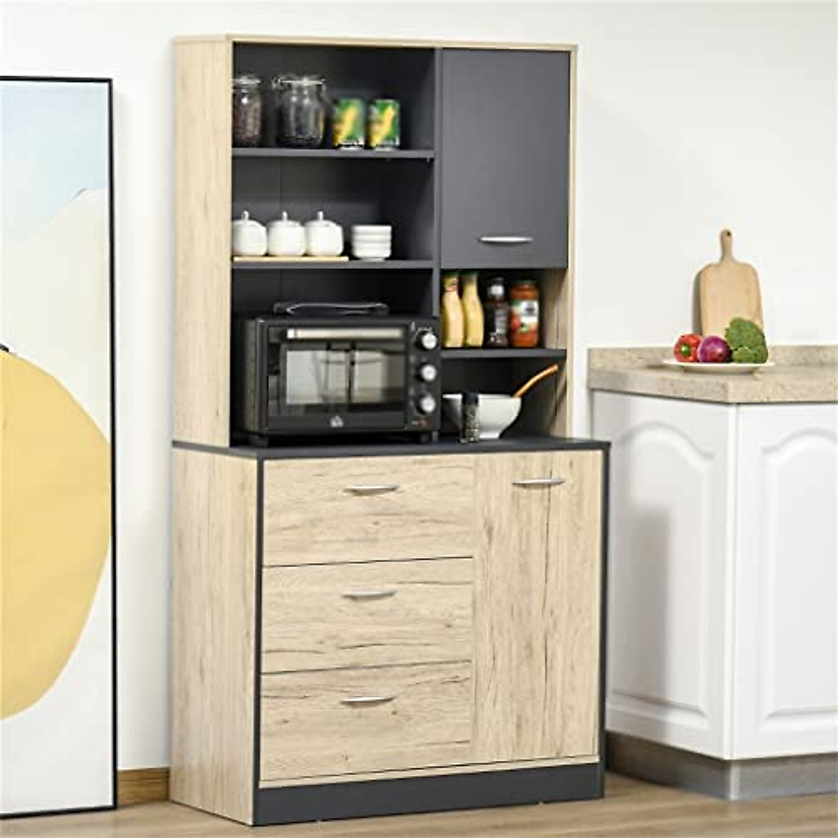 SEASD 67" Freestanding Buffet, Kitchen Storage Cabinet with 3 Drawers, Cable Management, 4 Cubbies and 2 Cabinets.