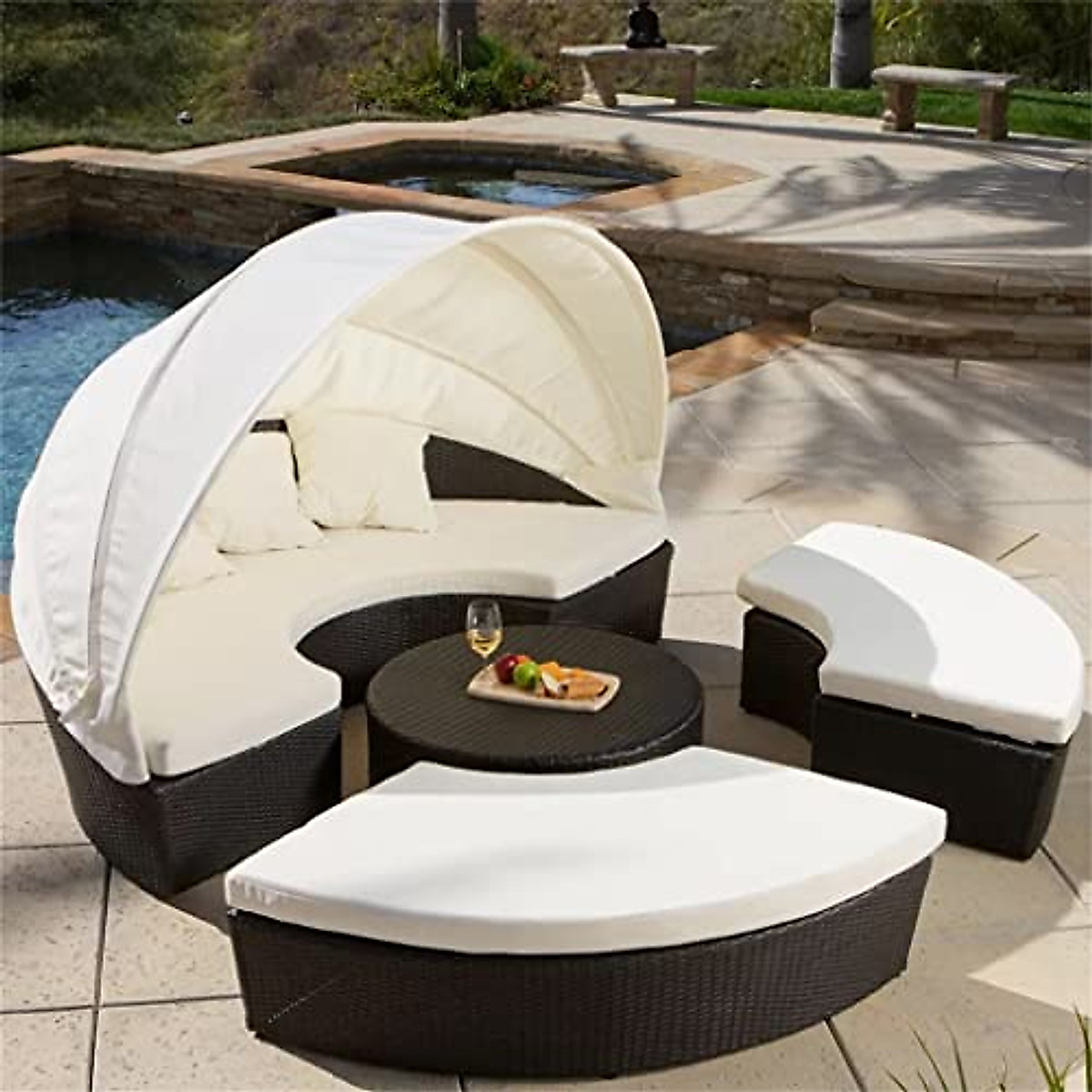 QUUL Outdoor Round Bed Courtyard Rattan Sofa Outdoor Recliner Beach Chair Balcony Swimming Pool Lazy Lying Bed Sofa