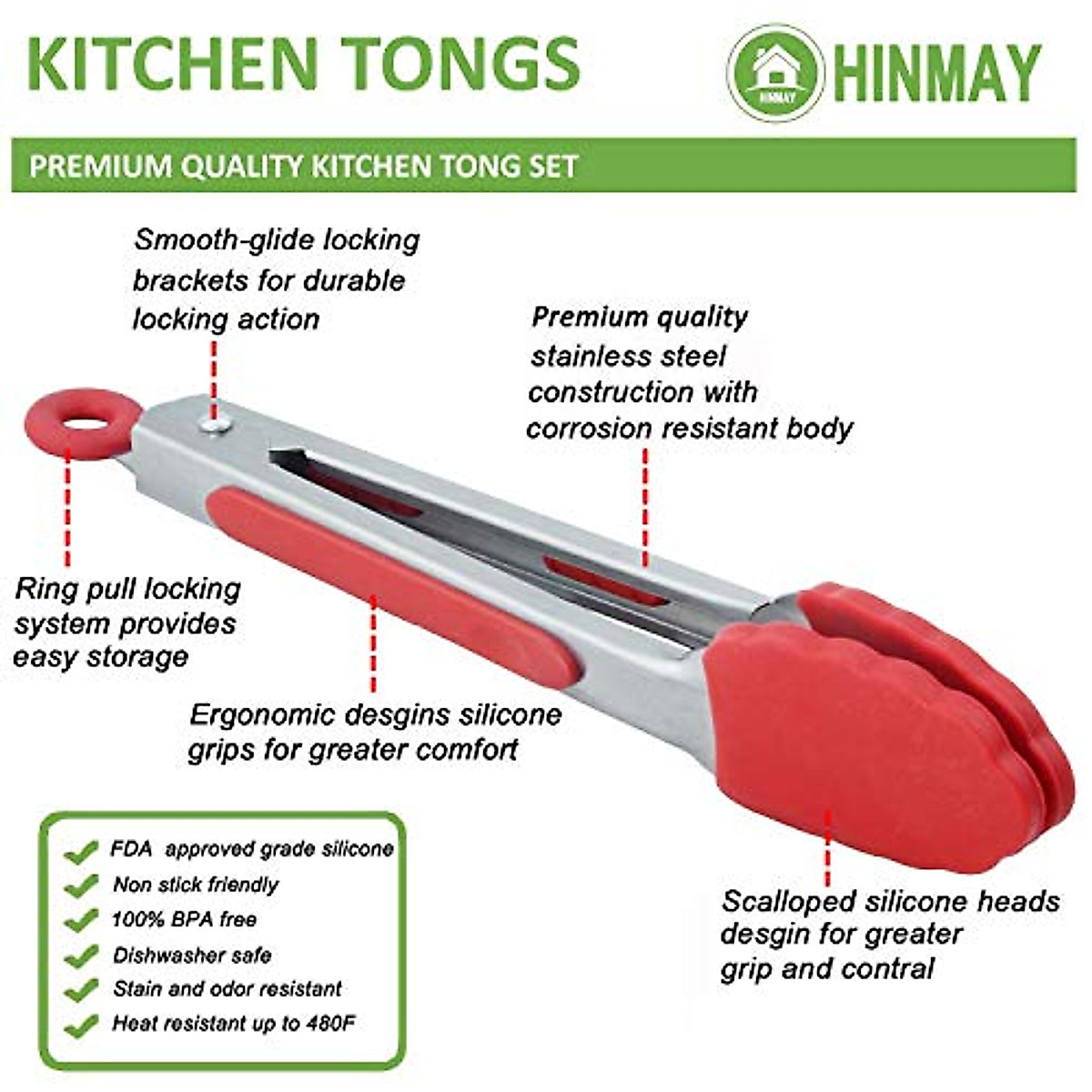 HINMAY Small Tongs with Silicone Tips 7-Inch Mini Serving Tongs, Set of 3 (Red Blue Green)
