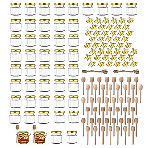 GIVAMEIHF Mini Glass Honey jars with Lids-1.5oz,48 pack Hexagon Honey Jars,Small Honey Jars with Dipper,Thank You Tags,Jutes Rope,Empty Glass Jars for Jams,Baby Shower, Wedding Favors, Party Favors