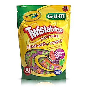 GUM Crayola Twistables Kids Flossers with Fluoride - Designed for Little Hands - Three Fun Fruit Flavors - Easy to Use Kids Floss Picks for Children Ages 3+, 90 ct